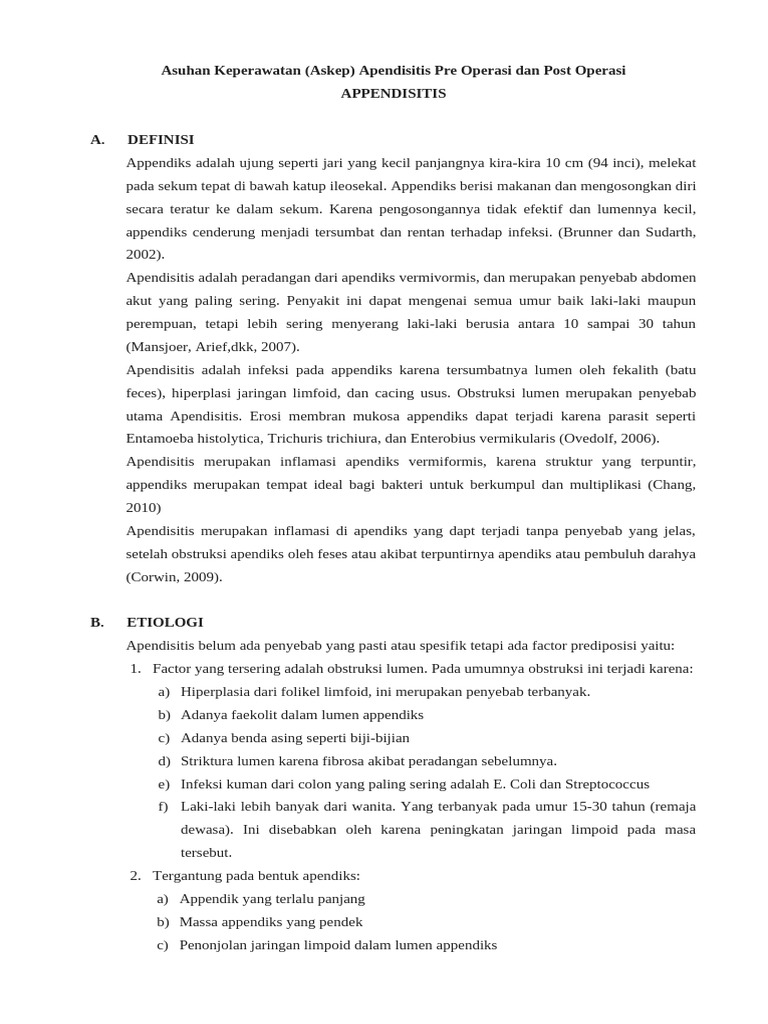 Asuhan Keperawatan Apendisitis Pre dan Post Operasi | PDF