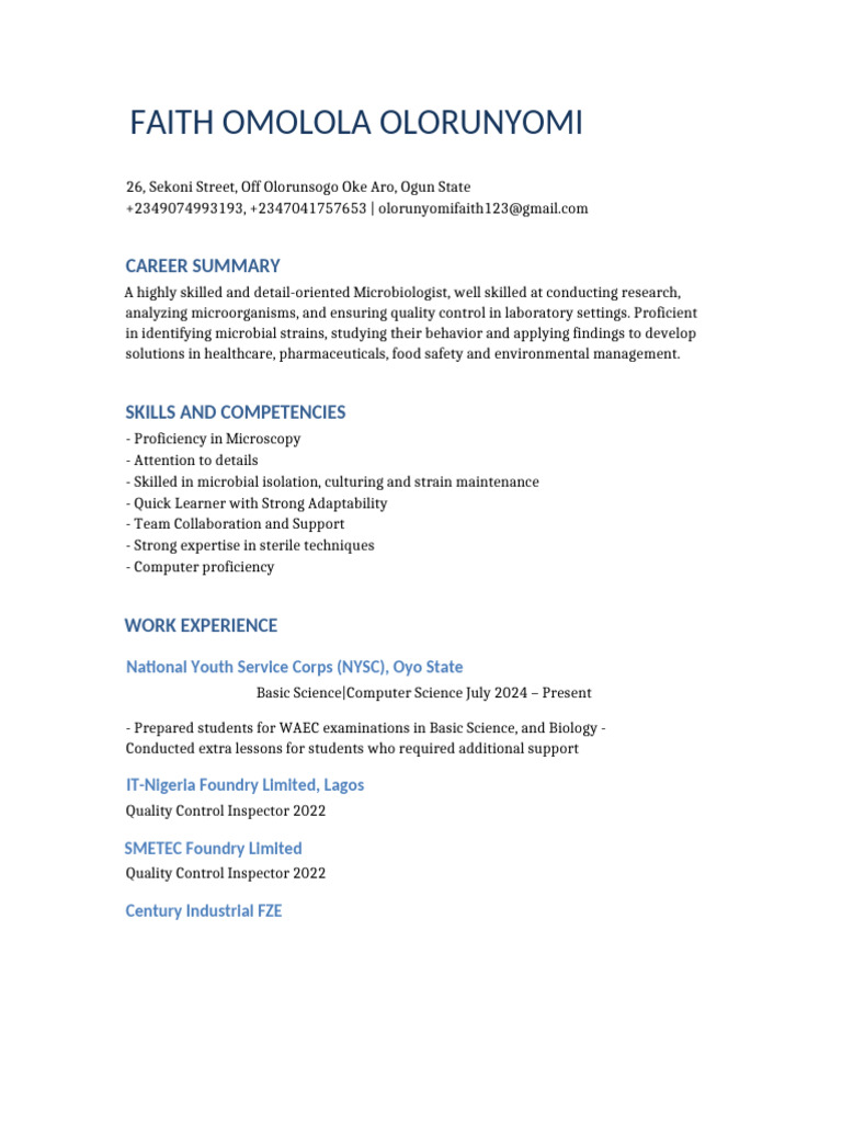 Faith Olorunyomi CV Confirmed | PDF