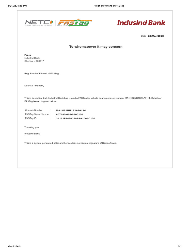 IndusInd Bank FASTag Fitment Confirmation | PDF