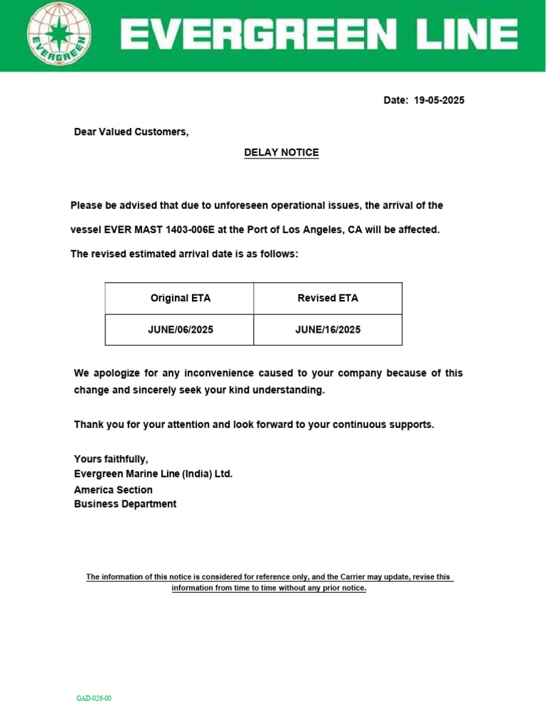 Delay Notice EVER MAST 1403-006E Arrival Update | PDF