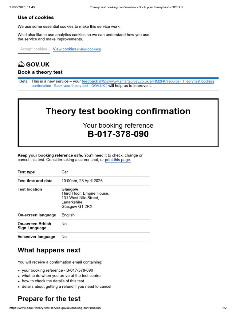 Theory Test Booking Confirmation - Book Your Theory Test - GOV - Uk ...