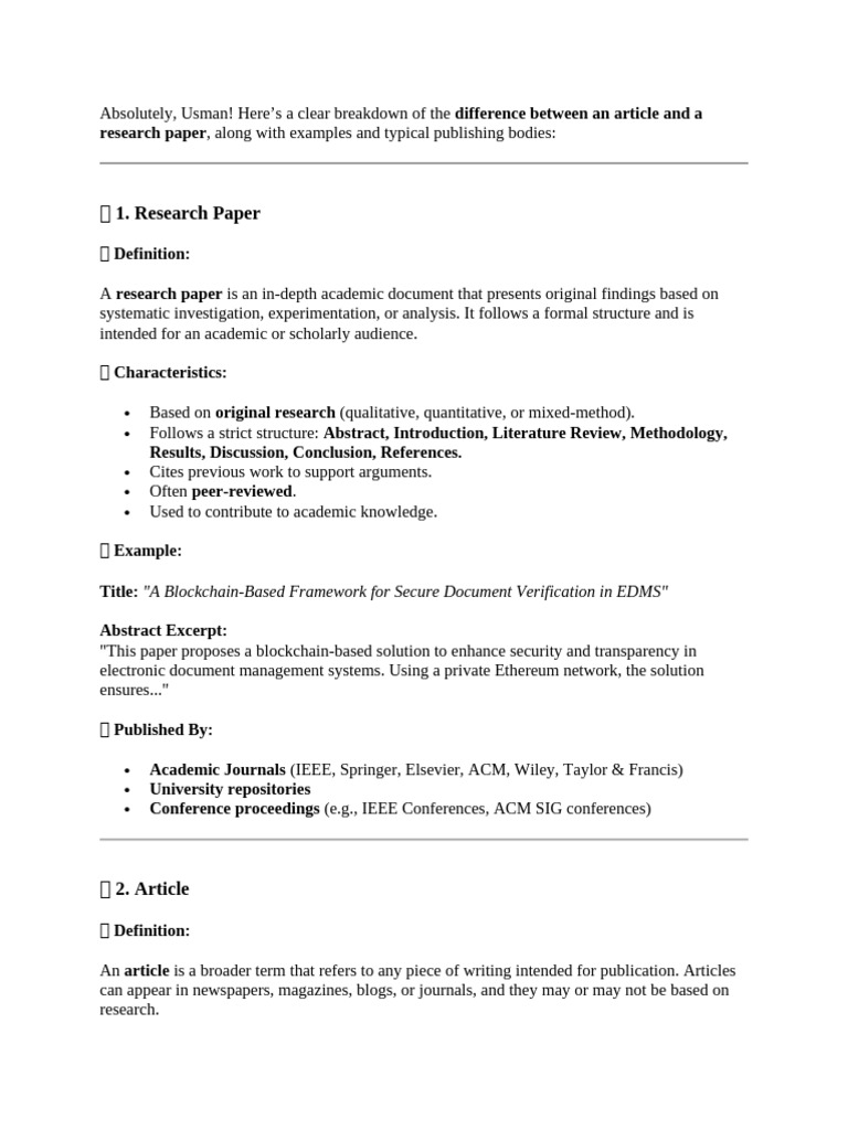 Article vs Research Paper Explained | PDF | Academic Publishing | Academia
