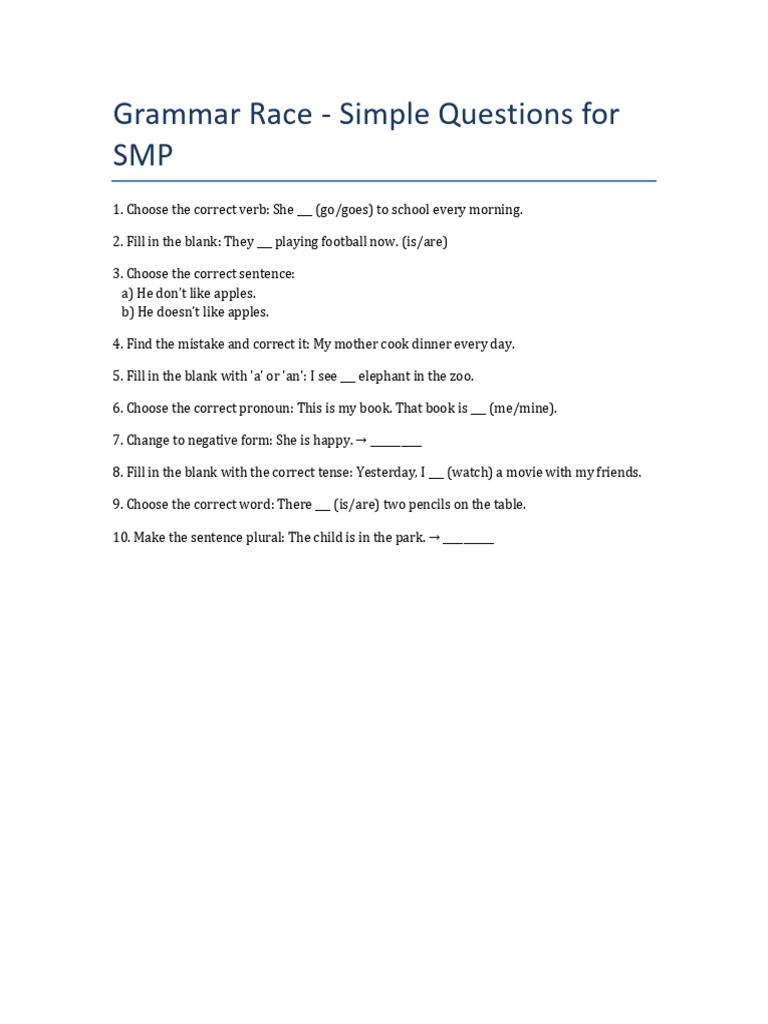 Grammar Race: Simple Exercises | PDF