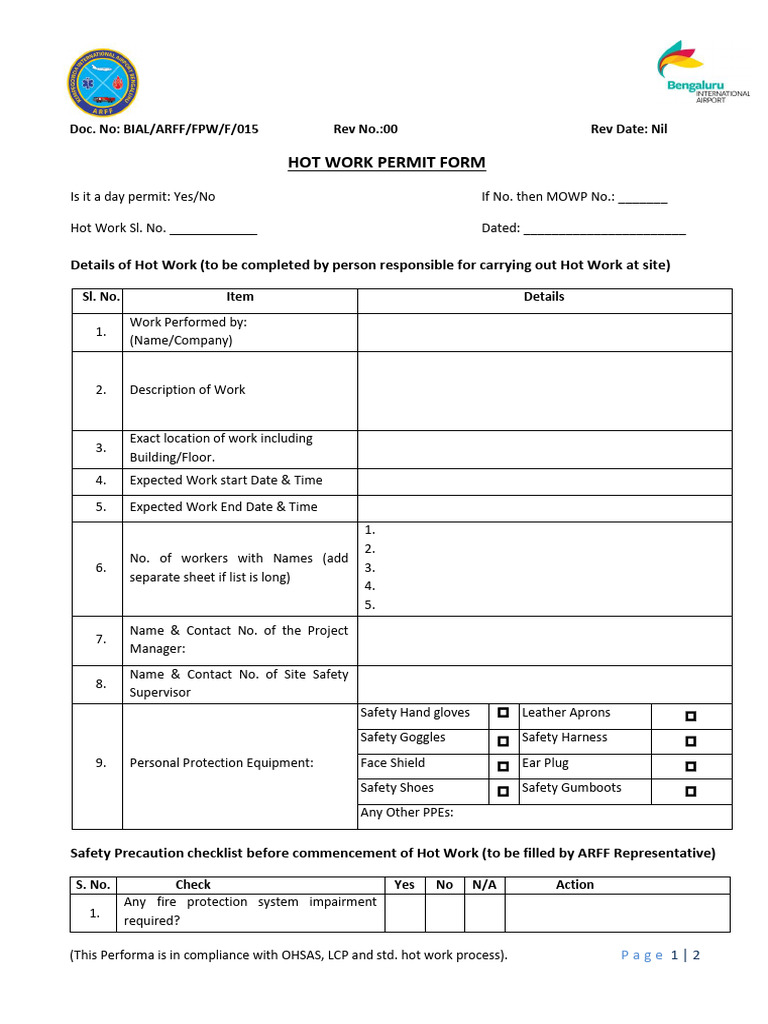 Hot Work Permit Form - Revised | PDF | Workplace | Working Conditions