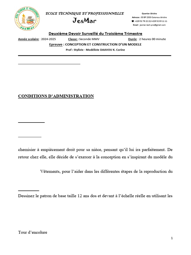 Devoir Surveillé : Modèle Chemisier T.12ans | PDF