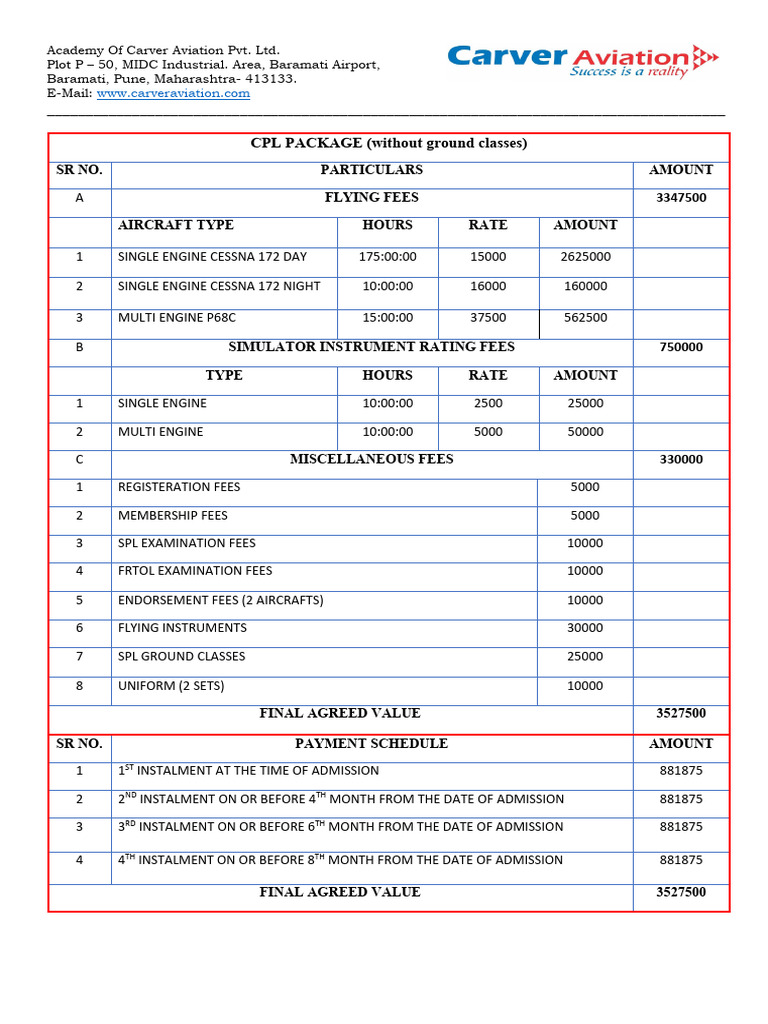 Carver Aviation CPL Fee Structure | PDF | Aviation