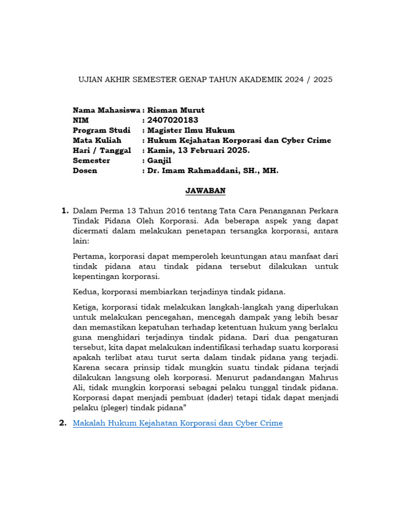 Risman Murut - Uas Hukum Kejahatan Korporasi | PDF