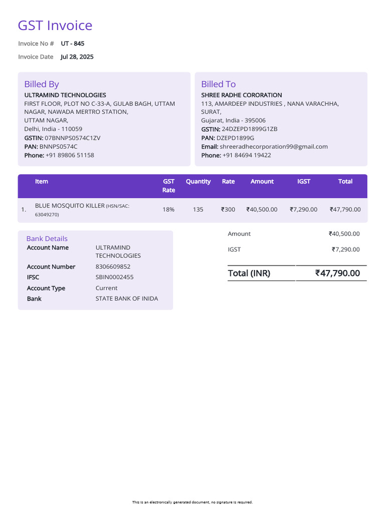 Invoice Ut 845 Ultramind Technologies Shree Radhe Cororation | PDF