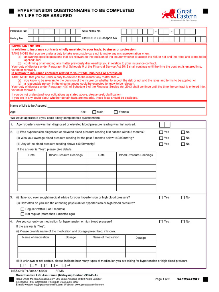 Hypertension Questionnaire for Assurance | PDF | Hypertension | Insurance