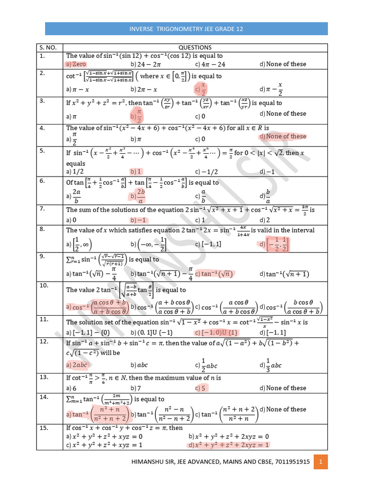 Inverse Trigonometry Questions for JEE | PDF | Functions And Mappings ...