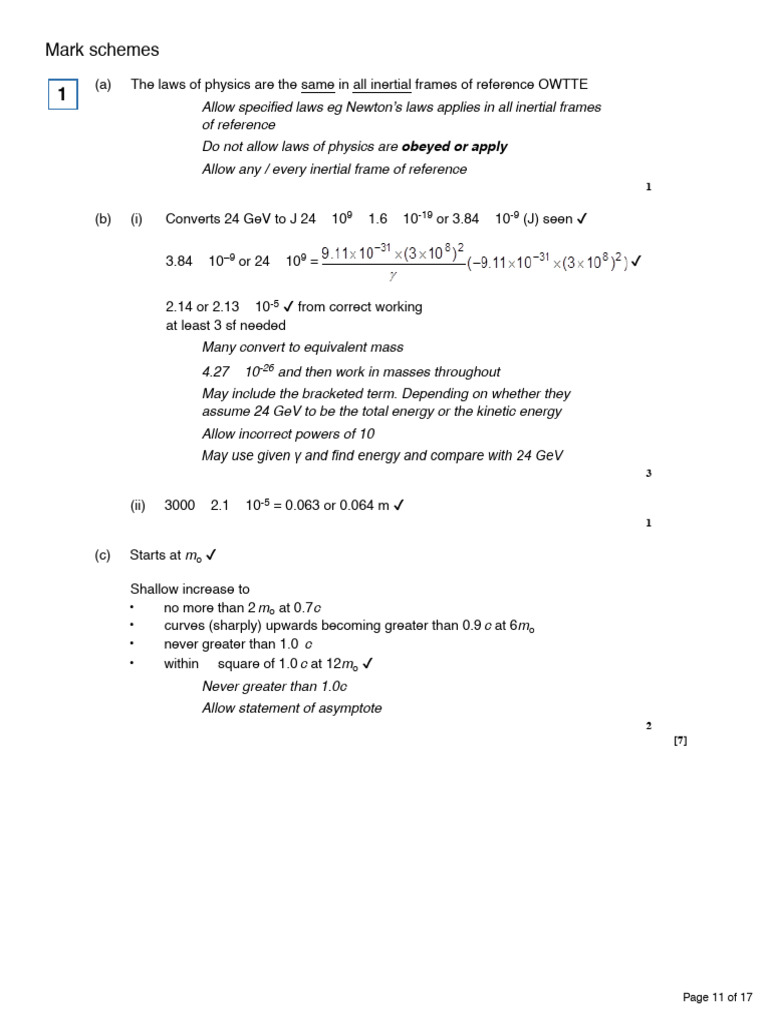 Physics Mark Schemes and Calculations | PDF | Infinity | Electronvolt