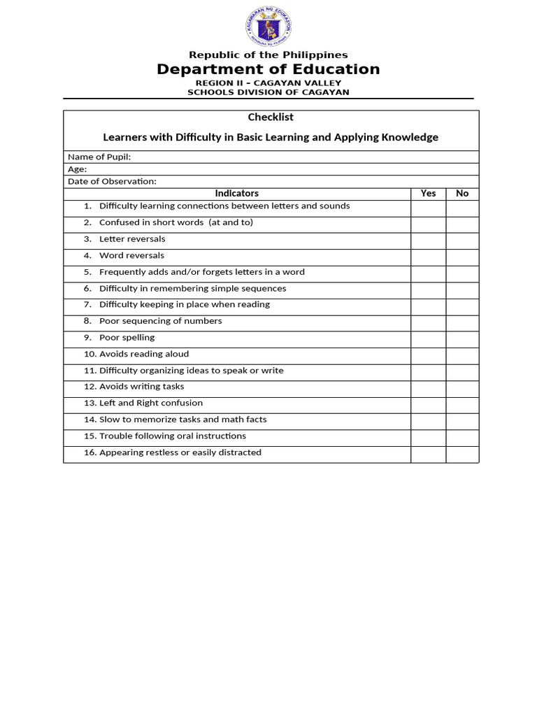 Checklist For Learners With Difficulty in Basic Learning and Applying ...