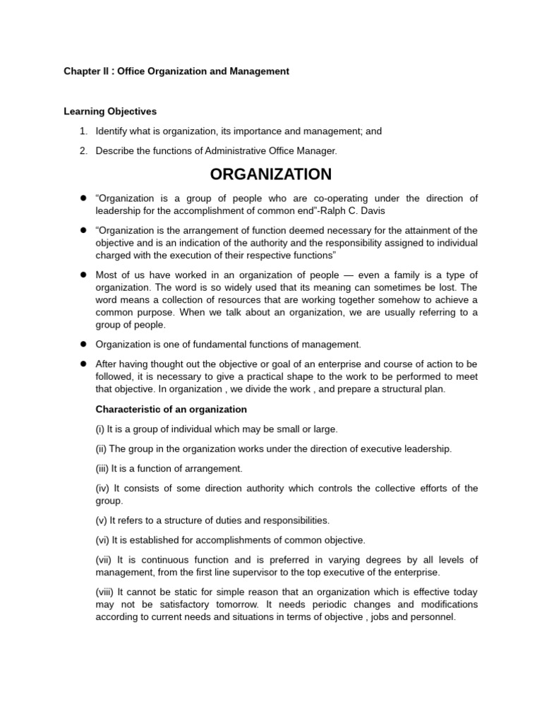 Chapter II - Office Organization and Management | PDF | Organizational ...