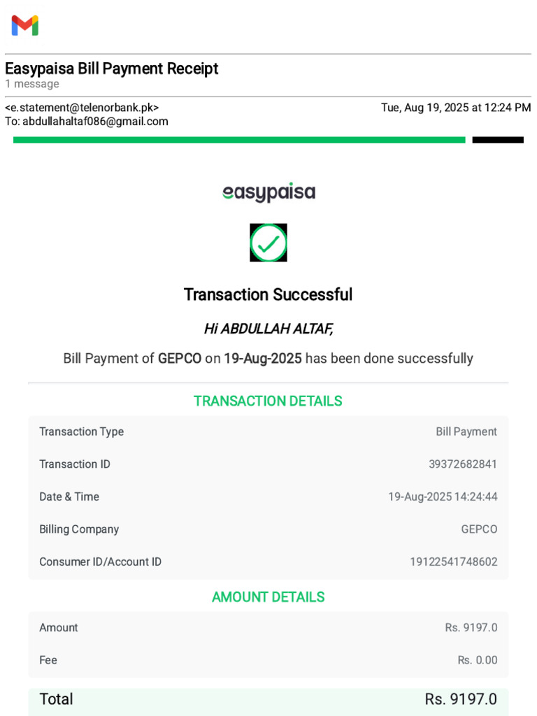 Gmail - Easypaisa Bill Payment Receipt | PDF