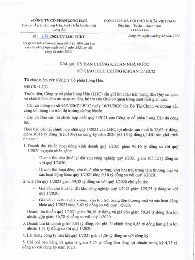 LHG - BCTC Hop Nhat Q1.2021 Kem Giai Trinh | PDF