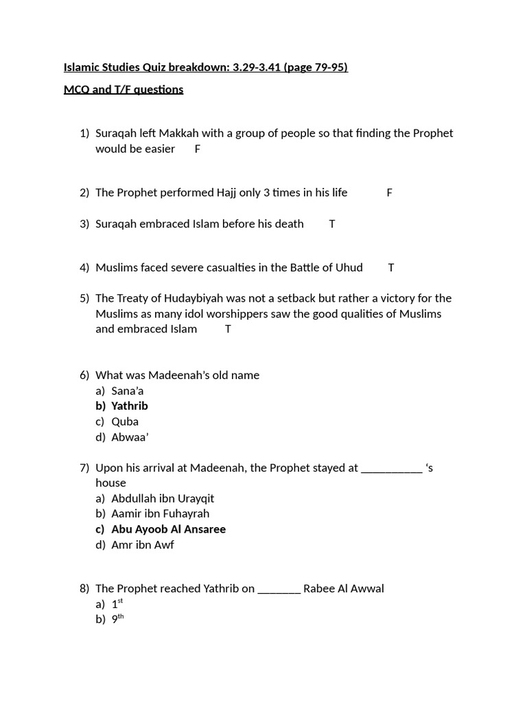 Islamic Studies Quiz: Key Concepts & Events | PDF | Muhammad | Medina