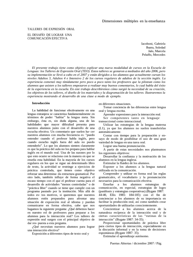 Talleres de Expresión Oral.4578 | PDF | Aprendizaje | Comunicación