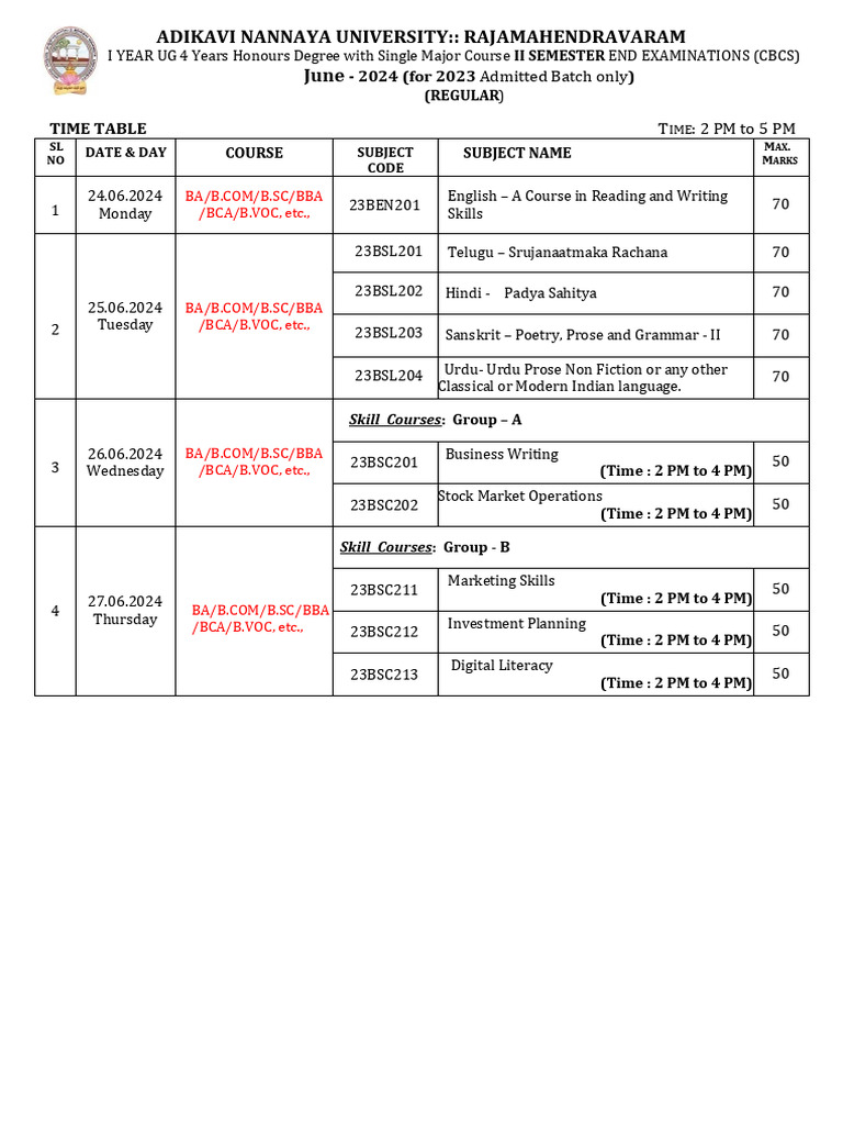 Time Table II SEM (Regular) June - 2024 | PDF | Science | Statistics