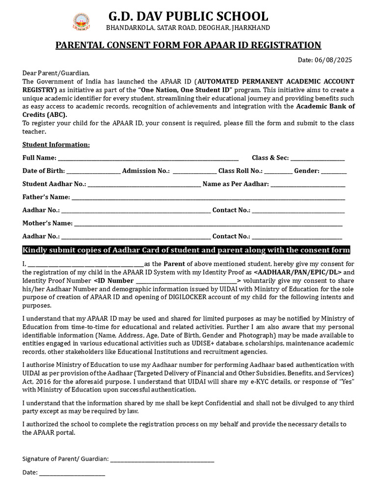 Consent Form For Apaar ID 2025 | PDF | Access Control | Authentication