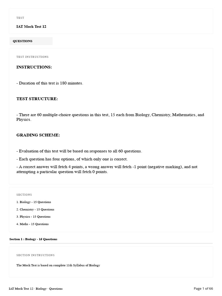 Instructions:: IAT Mock Test 12 | PDF | Biology | Biochemistry