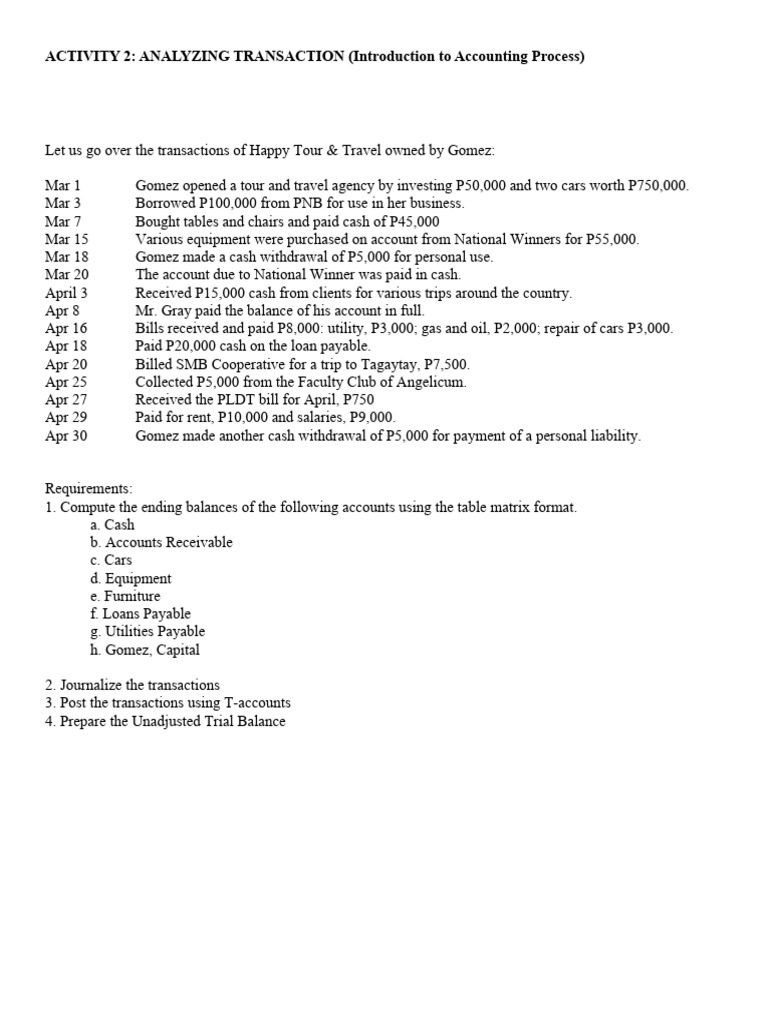 Activity 2 - Analyzing Transactions (Introduction To Accounting Process ...