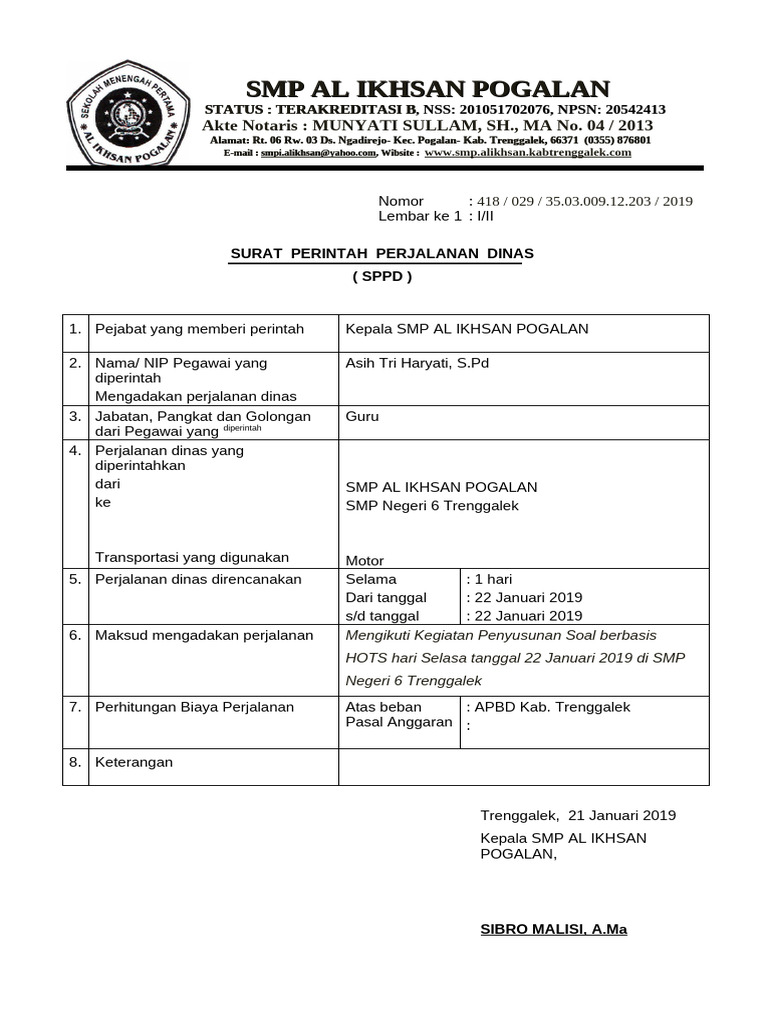 Contoh Format SPPD Perjalanan Dinas | PDF