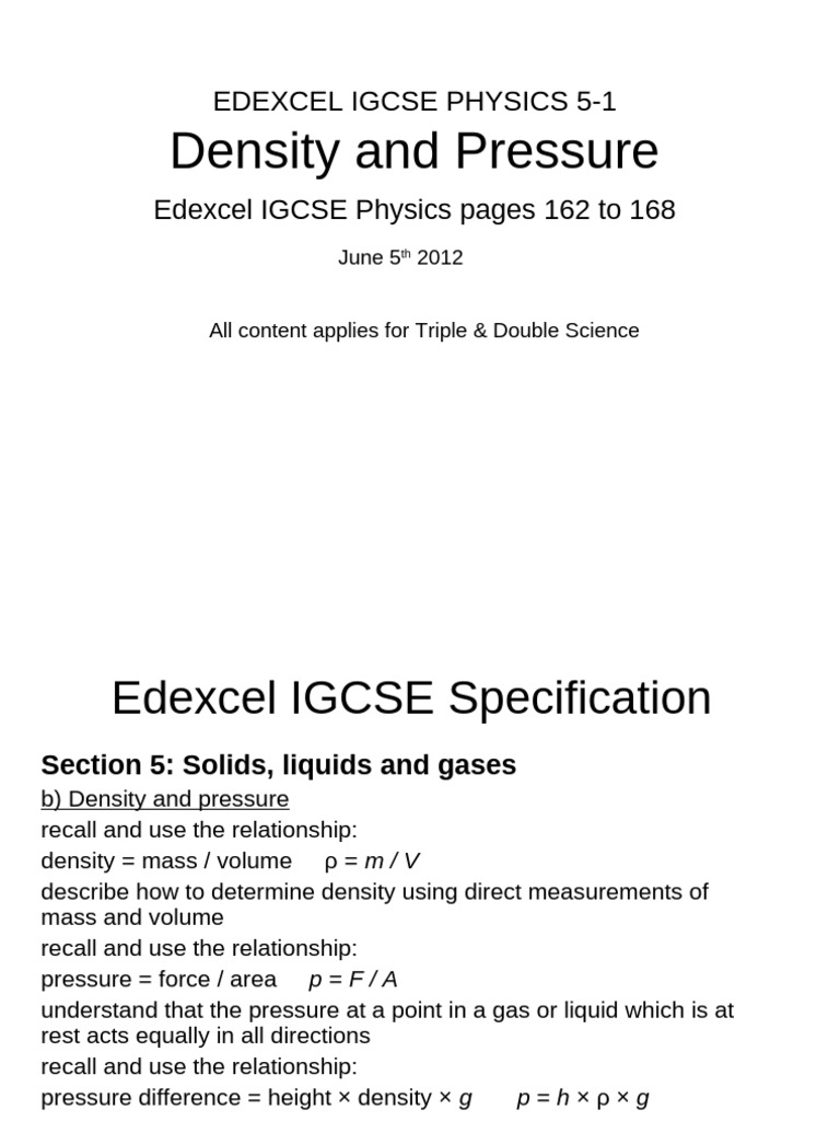IGCSE Physics: Density and Pressure Guide | PDF | Pressure | Pascal (Unit)