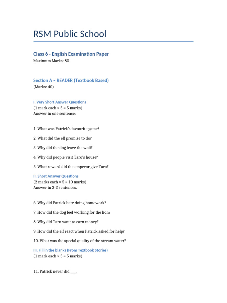 Class 6 English Exam Paper | PDF | Linguistics | Grammar