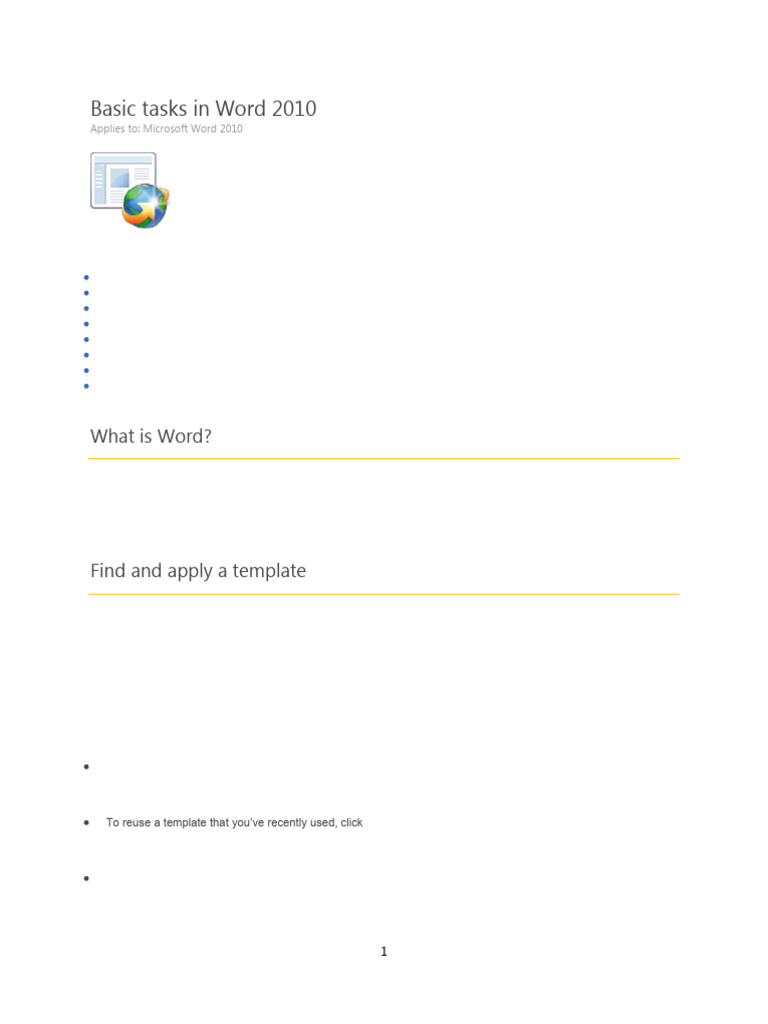 Basic Tasks in Word 2010 | PDF | Microsoft Word | Microsoft Office