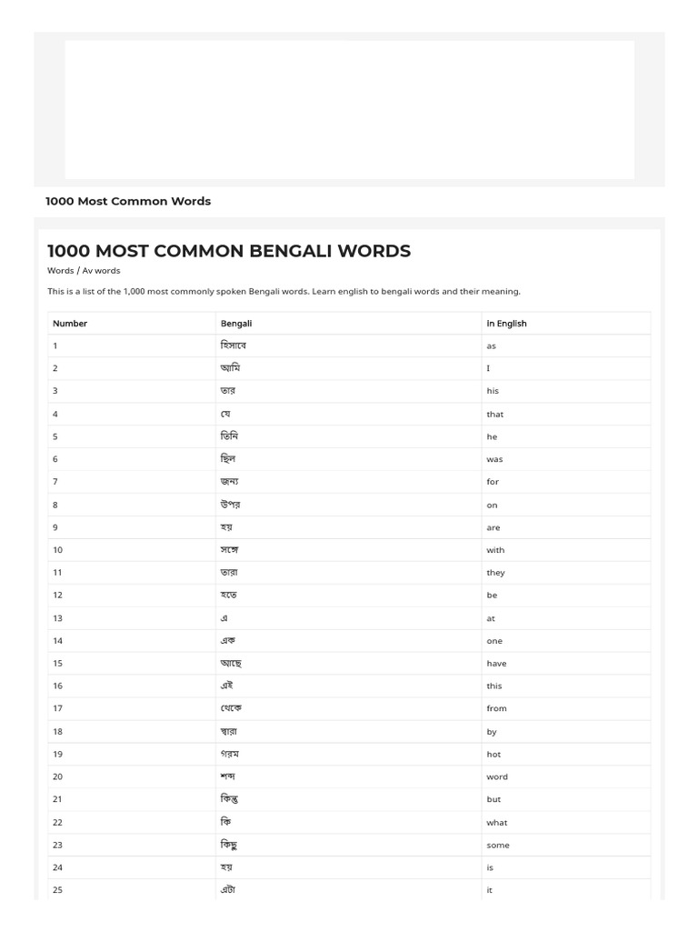 1000 Most Common Bengali Words - 100% Best List of Words | PDF