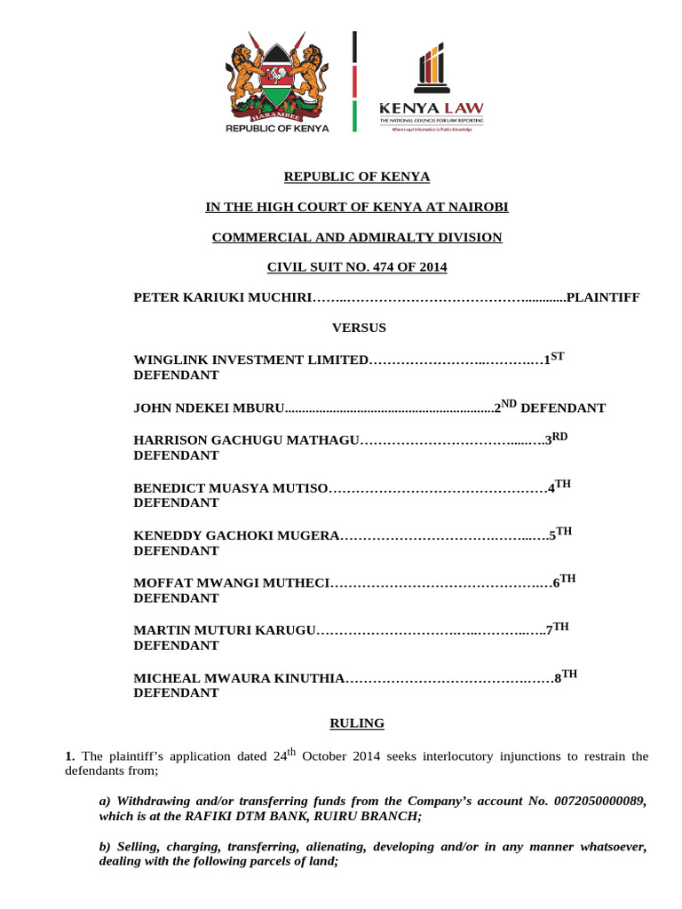 Peter Kariuki Muchiri V Winglink Investment Limited 7 Others ...