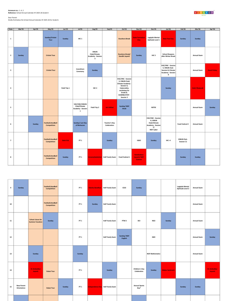 Grade 8 School Annual Calendar 2025-26 | PDF | Religious Holidays ...