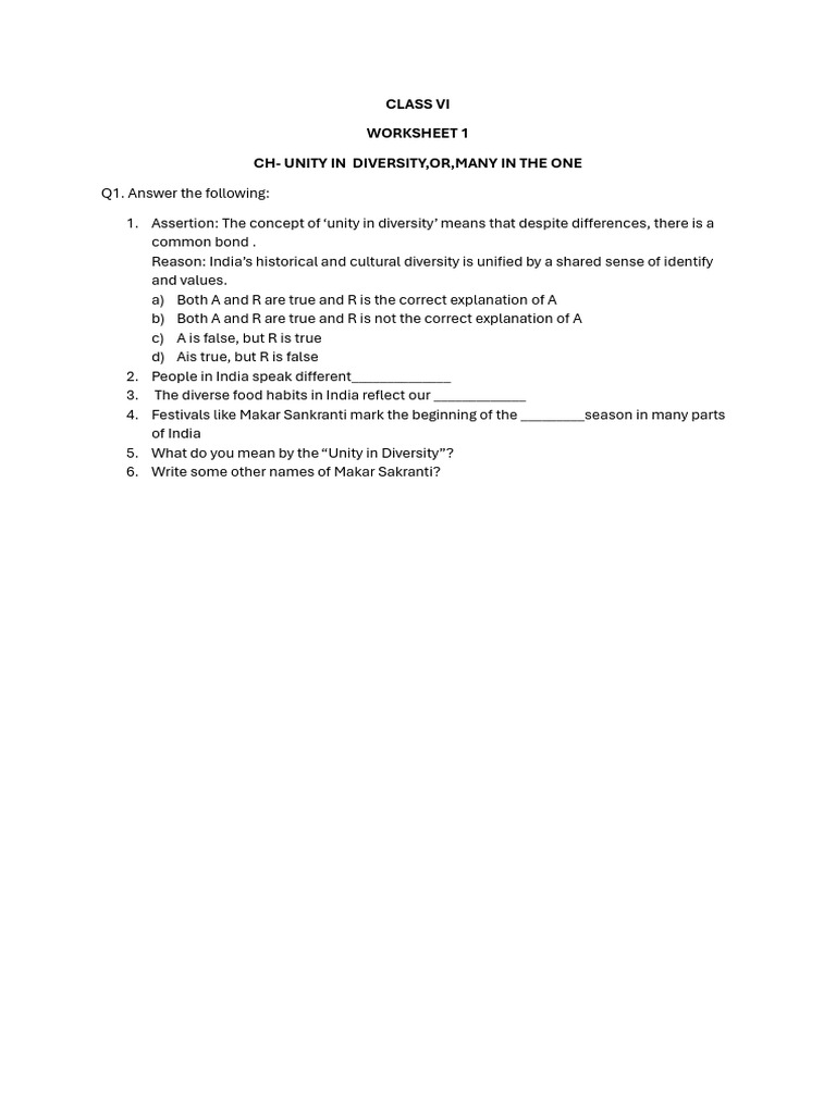 Class 6 Unity in Diversity Worksheet | PDF