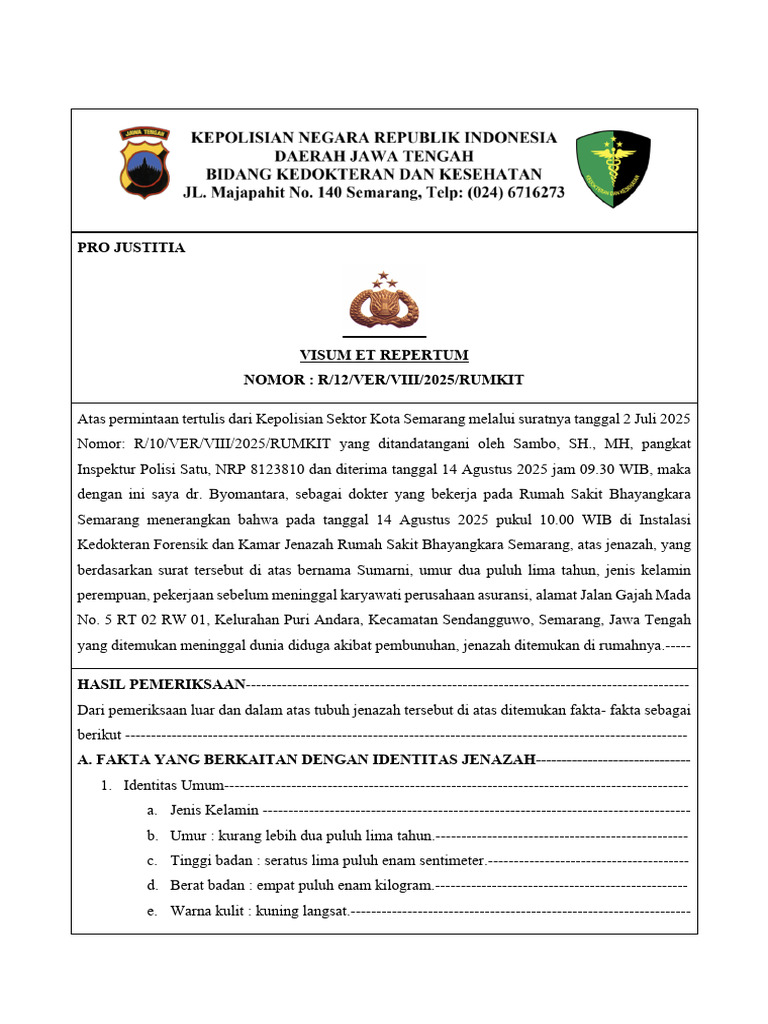 Visum Jenazah Sumarni: Dugaan Pembunuhan | PDF