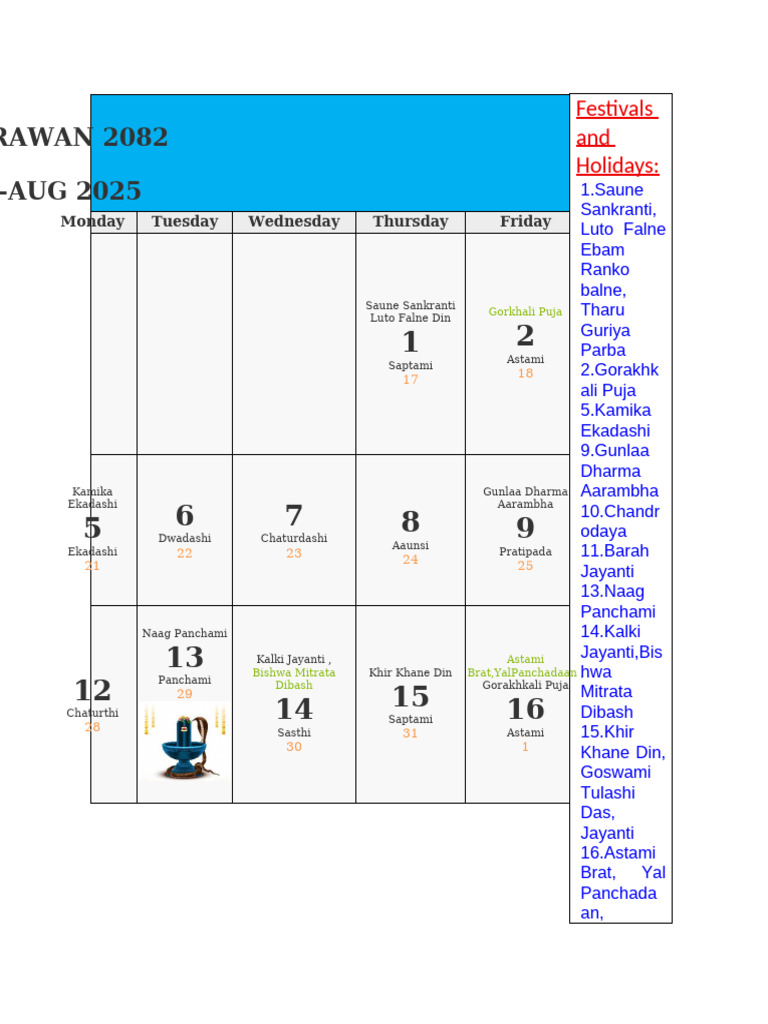 Shrawan 2082 Hindu Calendar Overview | PDF | Religious Holidays | Hindu ...