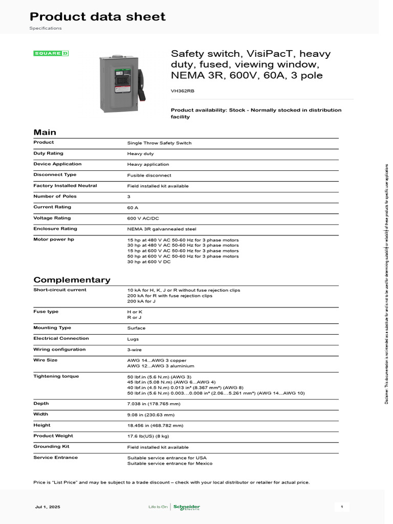 VH362RB Heavy Duty Safety Switch | PDF | Fuse (Electrical ...