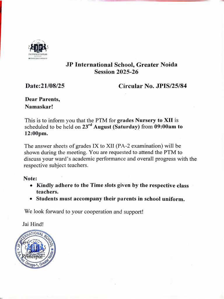 Circular No 84 (PTM - Nursery - XII) | PDF