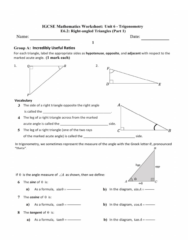 IGCSE Maths Worksheet - E6.2 - Right-Angled Triangles | PDF