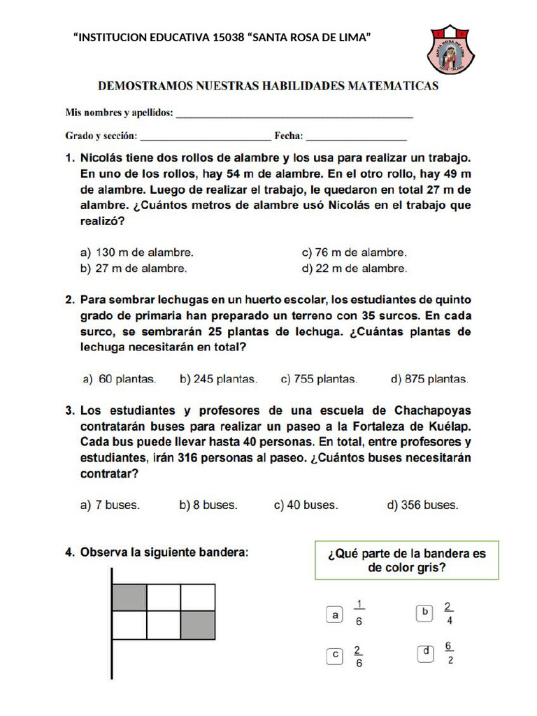 Evaluacion Diagnostica de Entrada Matematica 5° A | PDF