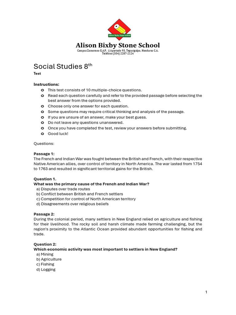 Social Studies Test: 8th Grade | PDF | Great Depression | The United States