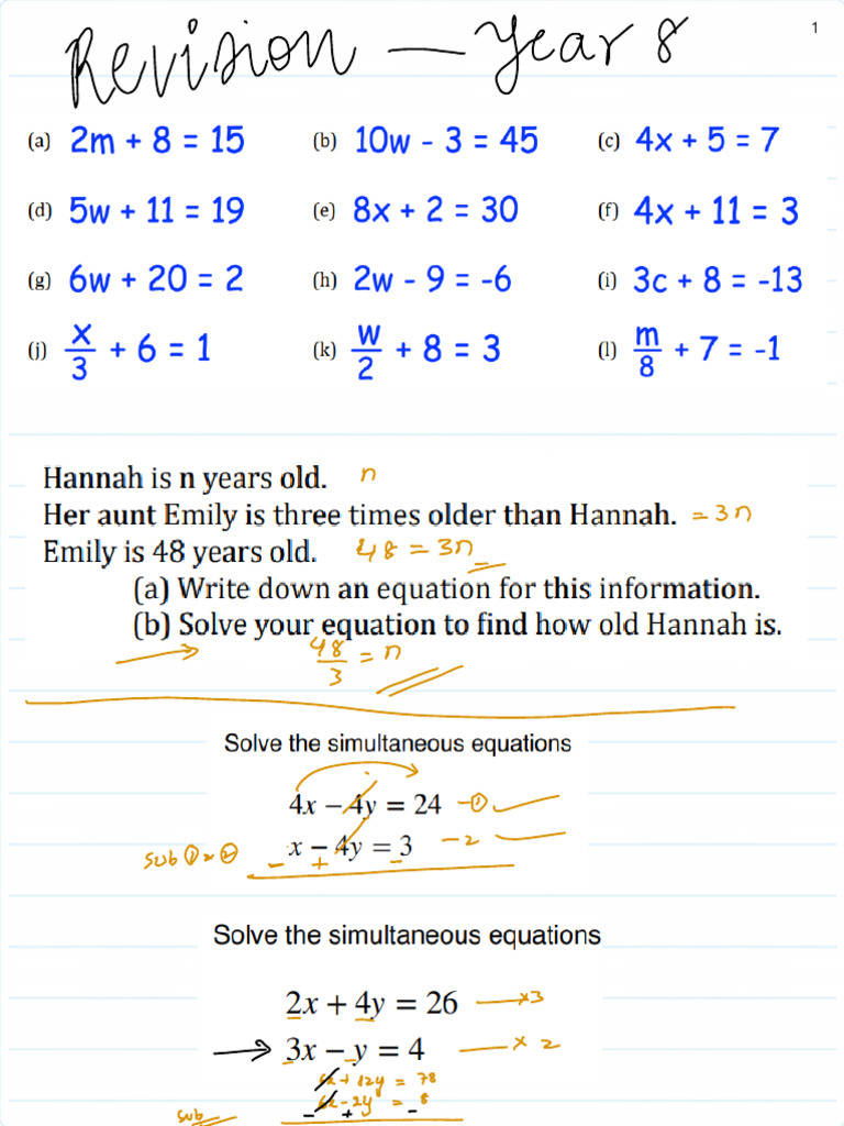 Revision Year 8 Worksheet | PDF