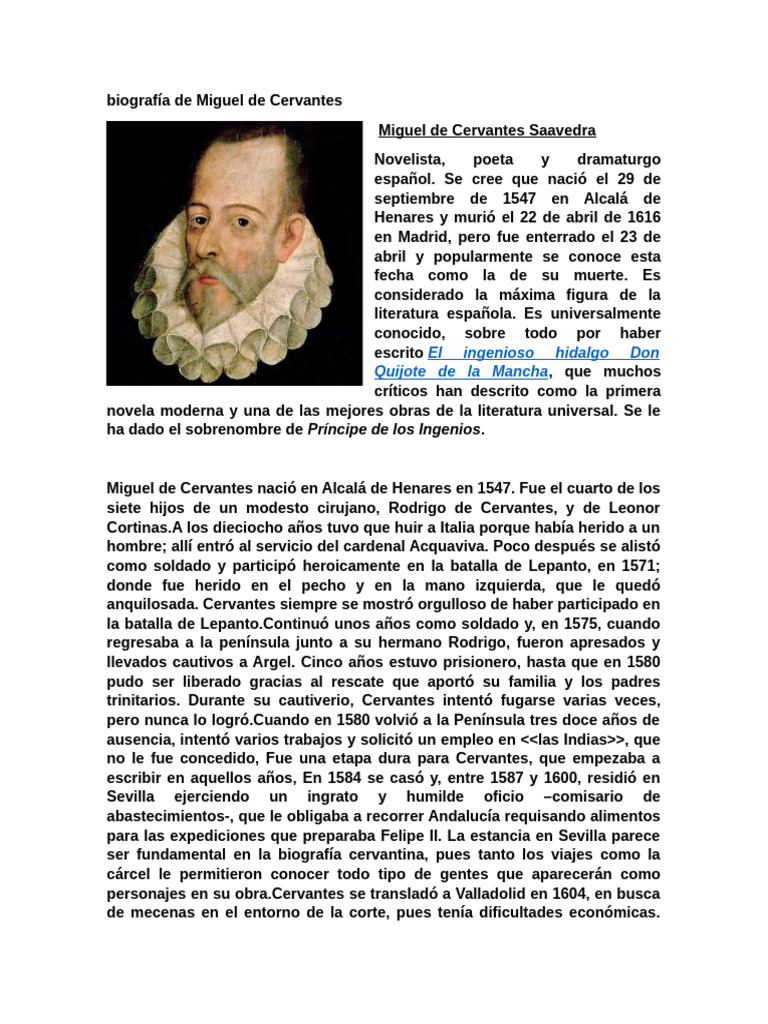 Biografía de Miguel de Cervantes | PDF | Aldea | Don Quijote