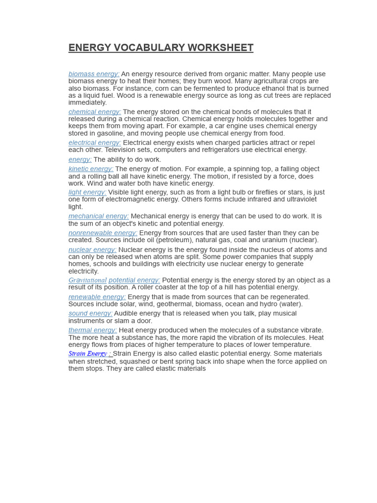 Energy Vocabulary Worksheet | PDF | Potential Energy | Energy Development
