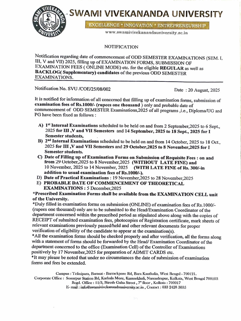 ODD Semester Examination Notification 2025-26 | PDF