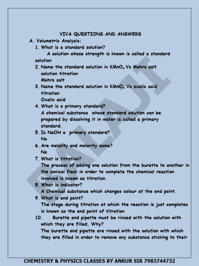 Titration Viva Questions for Class 11 | PDF | Titration | Chemistry