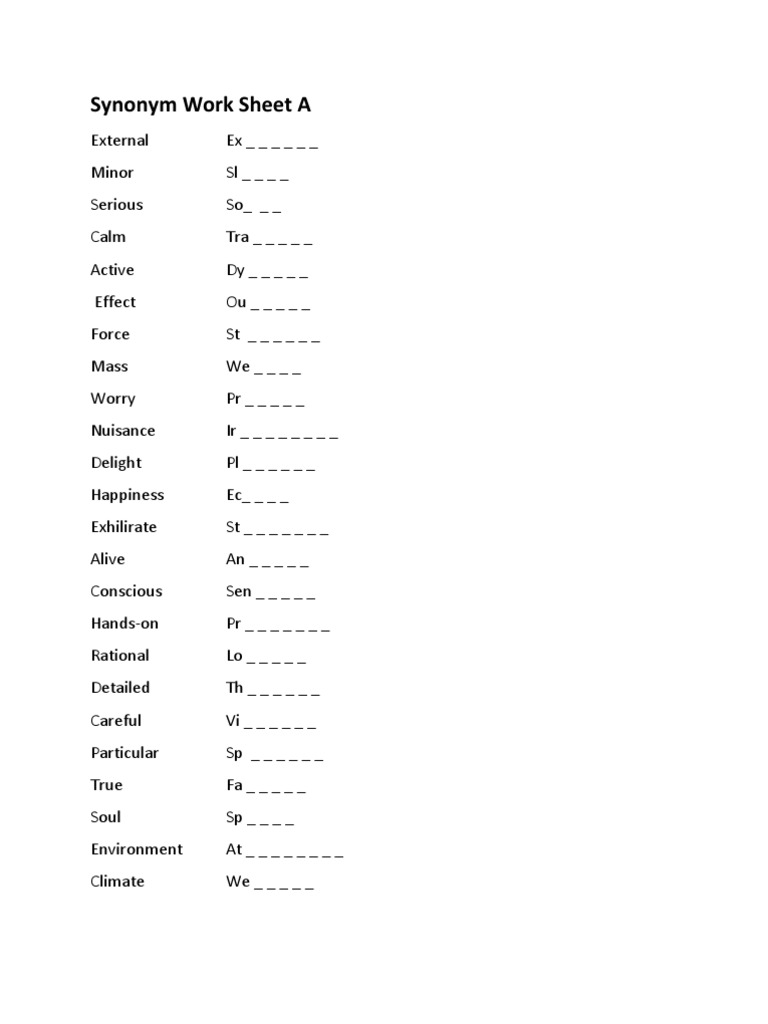 Synonym Work Sheet | PDF