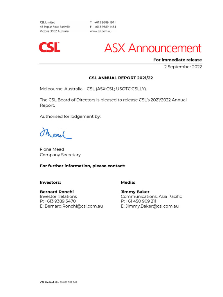 CSL Annual Report 2022 | PDF | Medical Specialties | Clinical Medicine