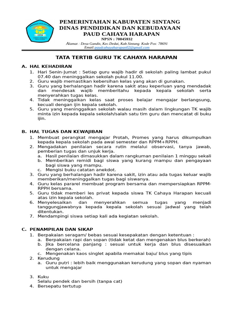 Tata Tertib Guru PAUD Cahaya Harapan | PDF