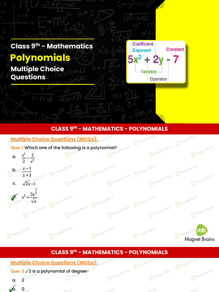 Class 9th - Chapter - Polynomials - Maths (MCQS) | PDF | Polynomial | Multiple Choice