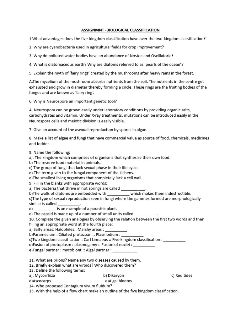 Assignment Biological Classification PDF | PDF | Fungus | Biology